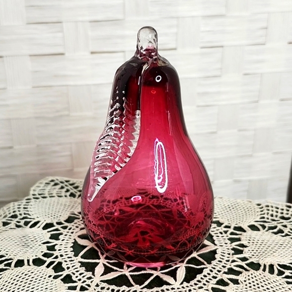 Accents | Vintage Art Glass Rossi Cranberry Glass Pear W Crystal Leaf ...
